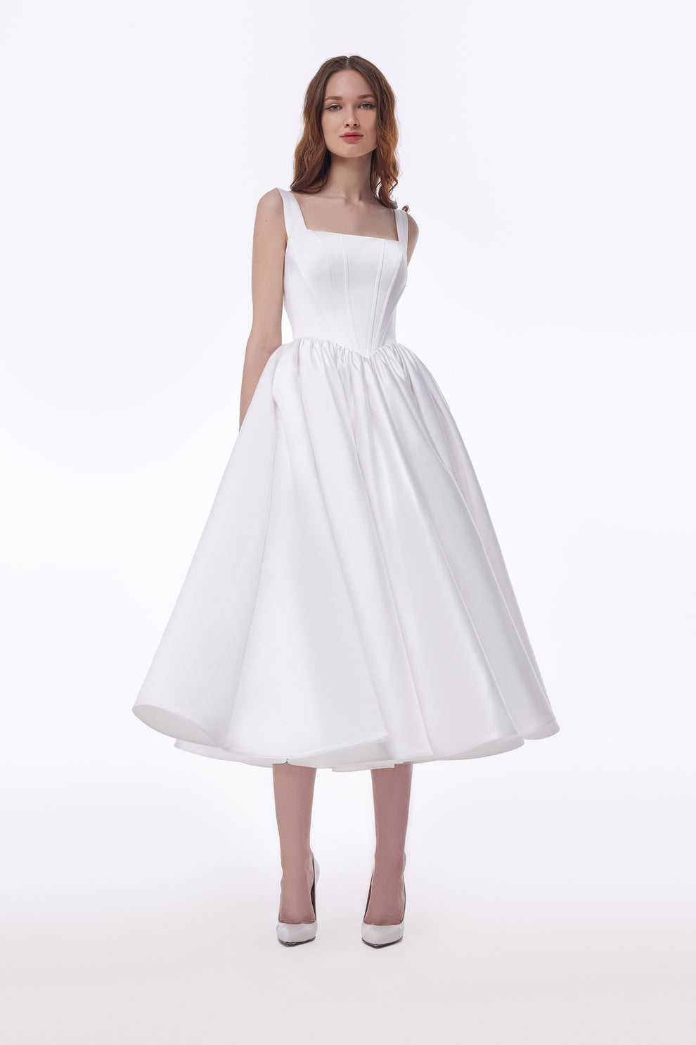 Tea Length Satin Wedding Dress With Basque Waist Casia Midi
